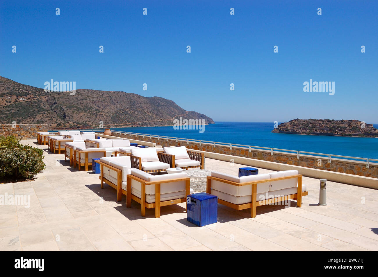 Sea view relaxation area of luxury hotel, Crete, Greece Stock Photo - Alamy