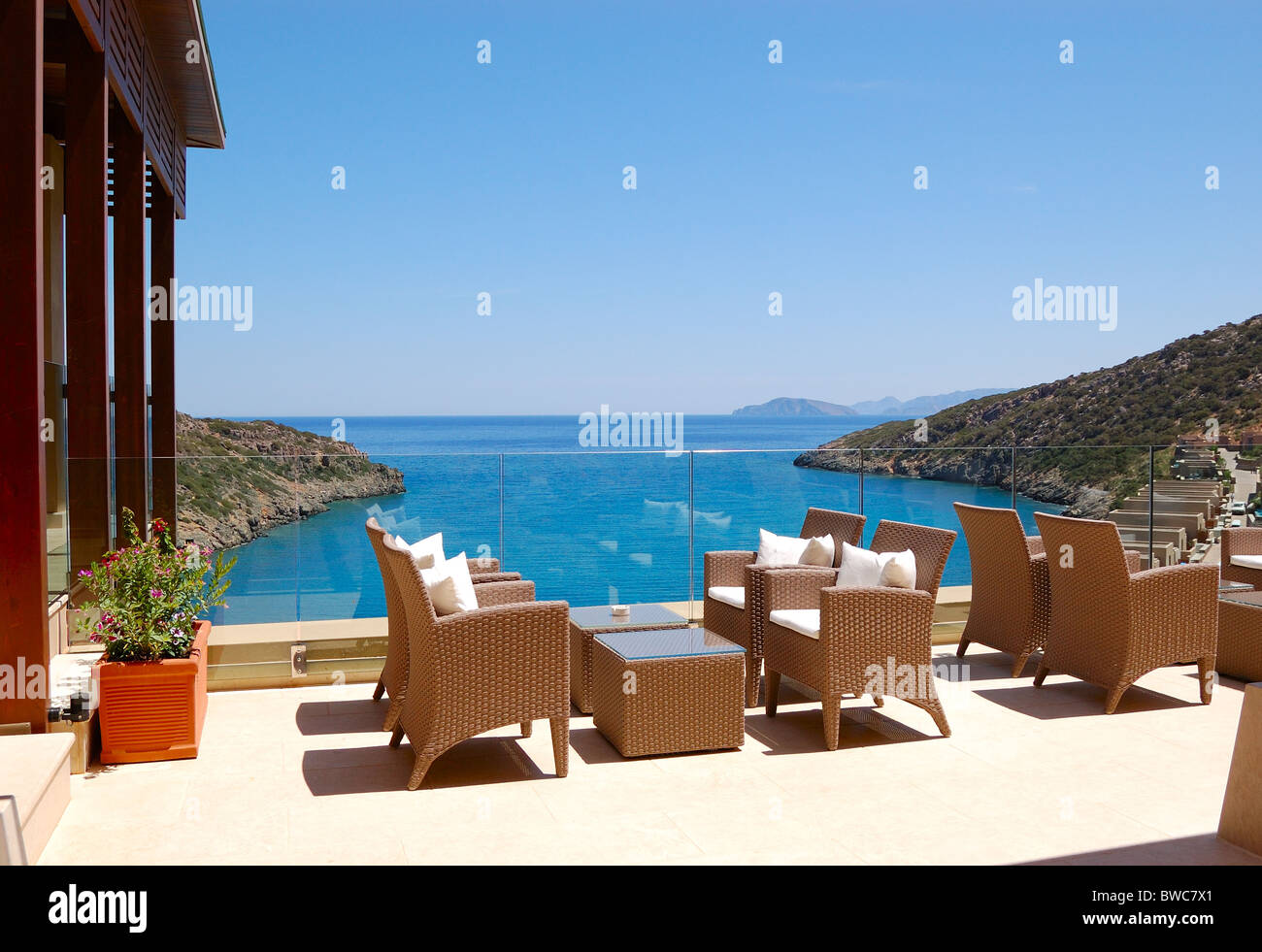 Sea view relaxation area of luxury hotel, Crete, Greece Stock Photo - Alamy