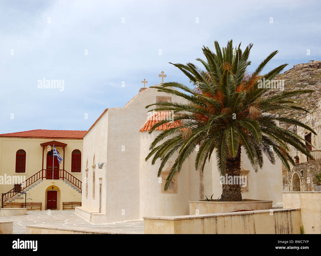 Orthodox Church and palm tree, Crete, Greece Stock Photo - Alamy