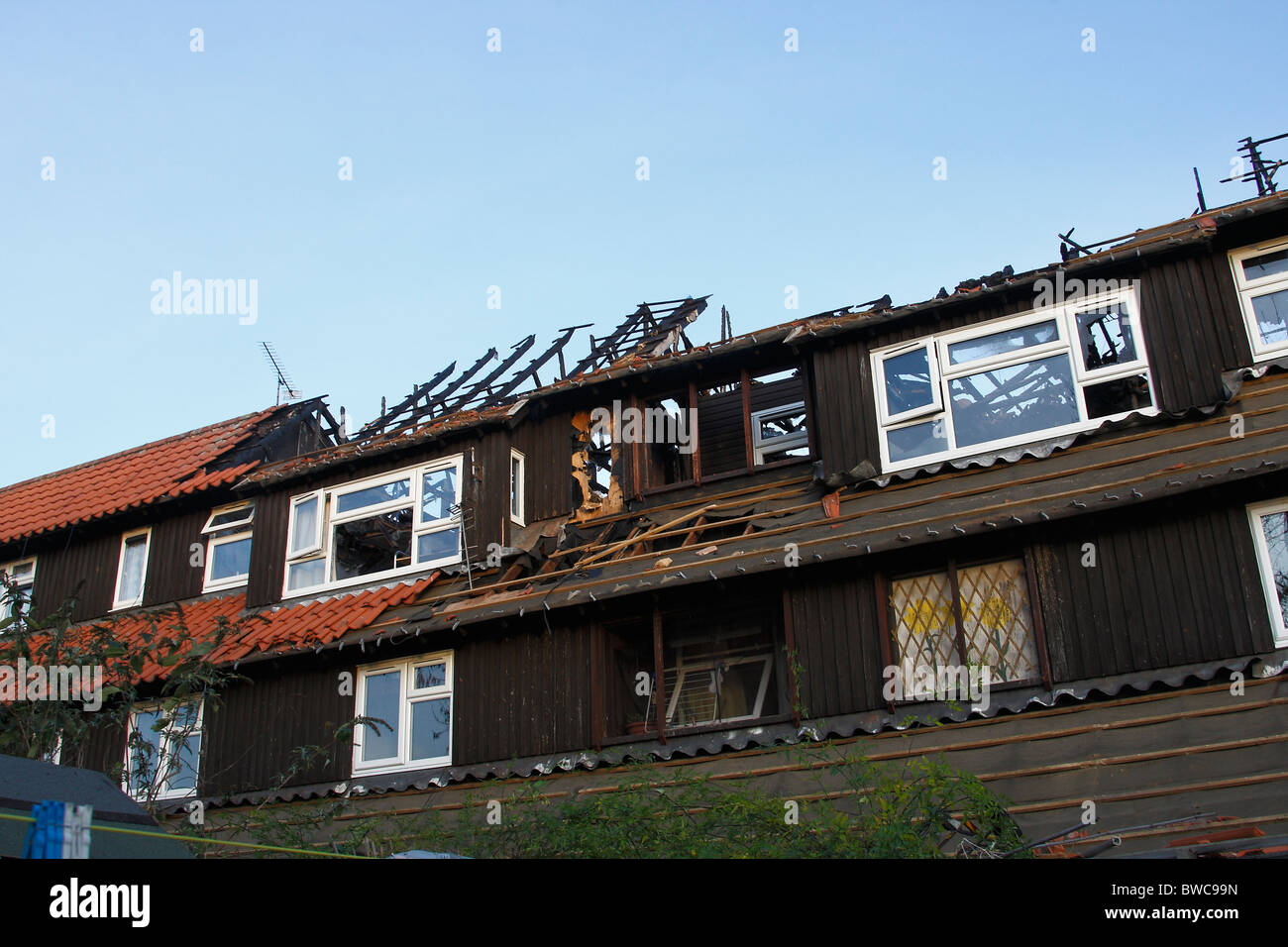 Homes destroyed by fire in Basildon Essex Stock Photo - Alamy