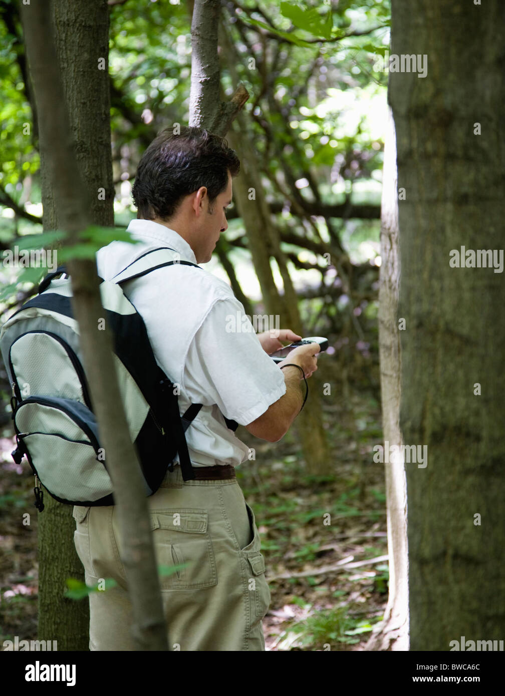 Man using electronic compass in forest Stock Photo - Alamy