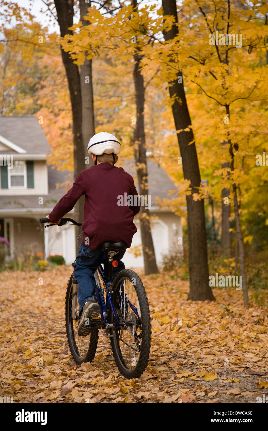 Boy riding bicycle towards home in forest Stock Photo - Alamy