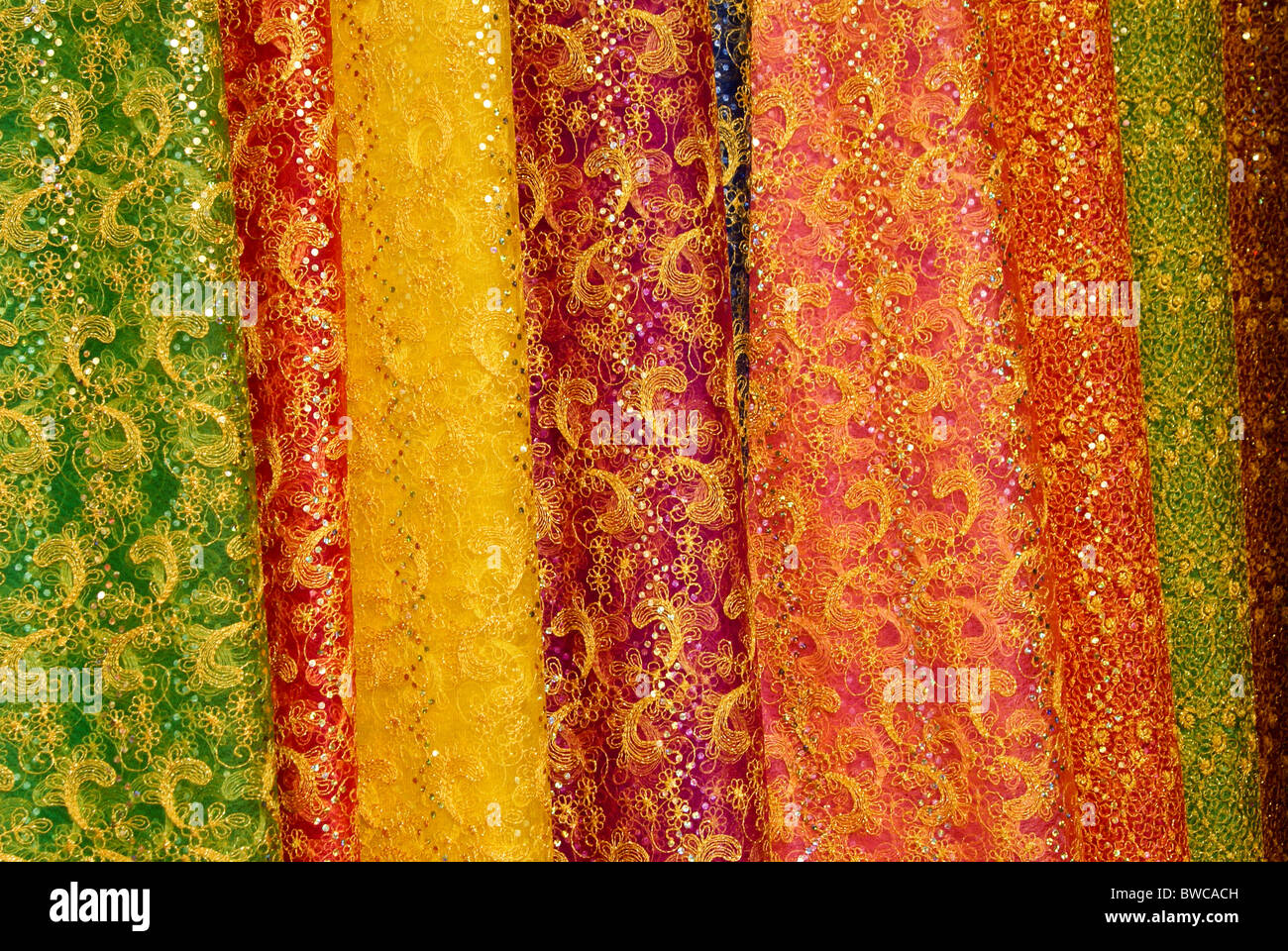 Colorful fabric for sale in market, Xishuangbanna, Yunnan, China Stock ...