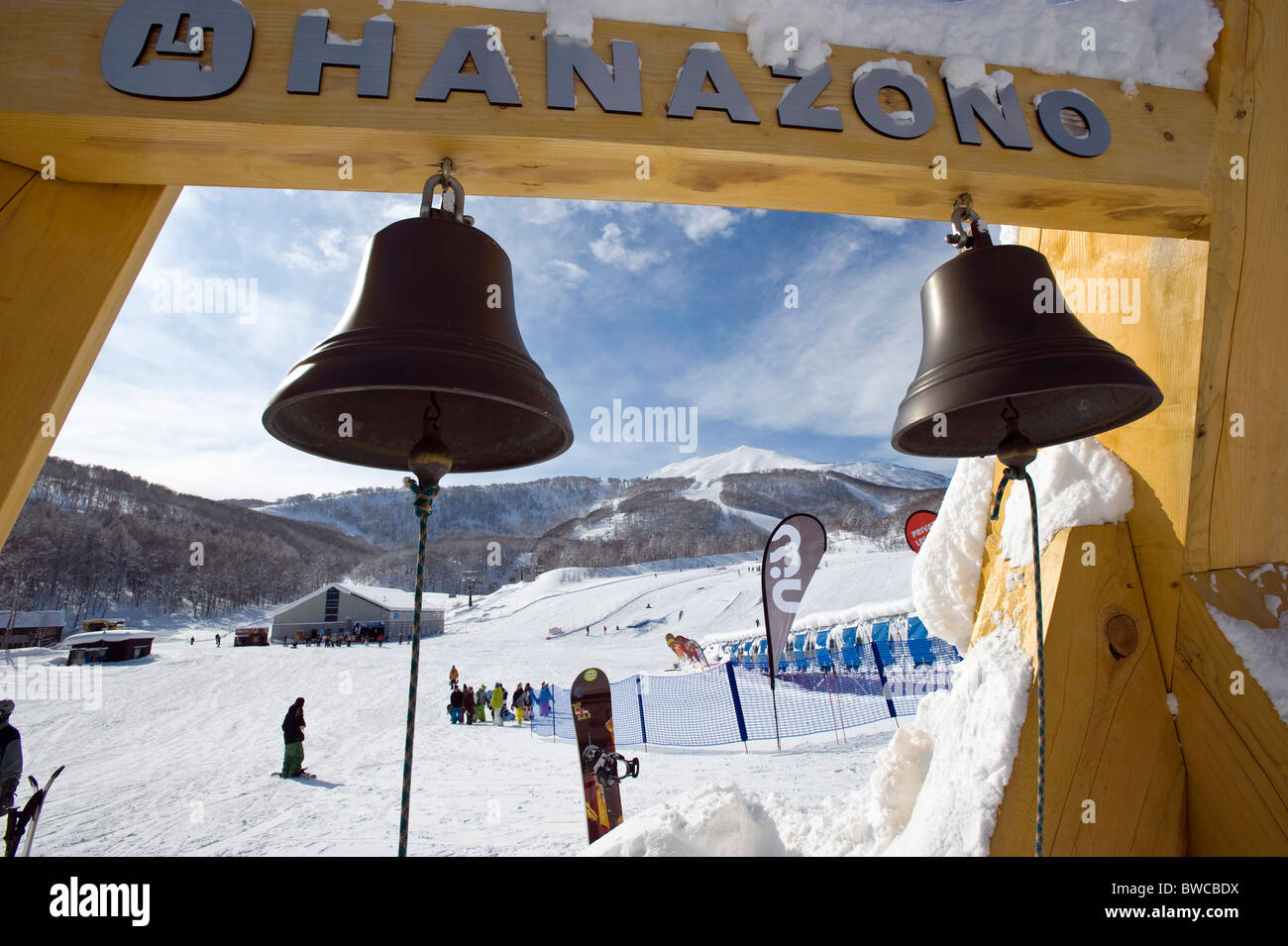 Two bells mark the entrance to Hanazono ski ground in Niseko, northern ...