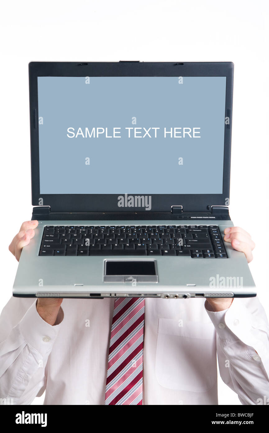 Image of open laptop in human hands Stock Photo - Alamy