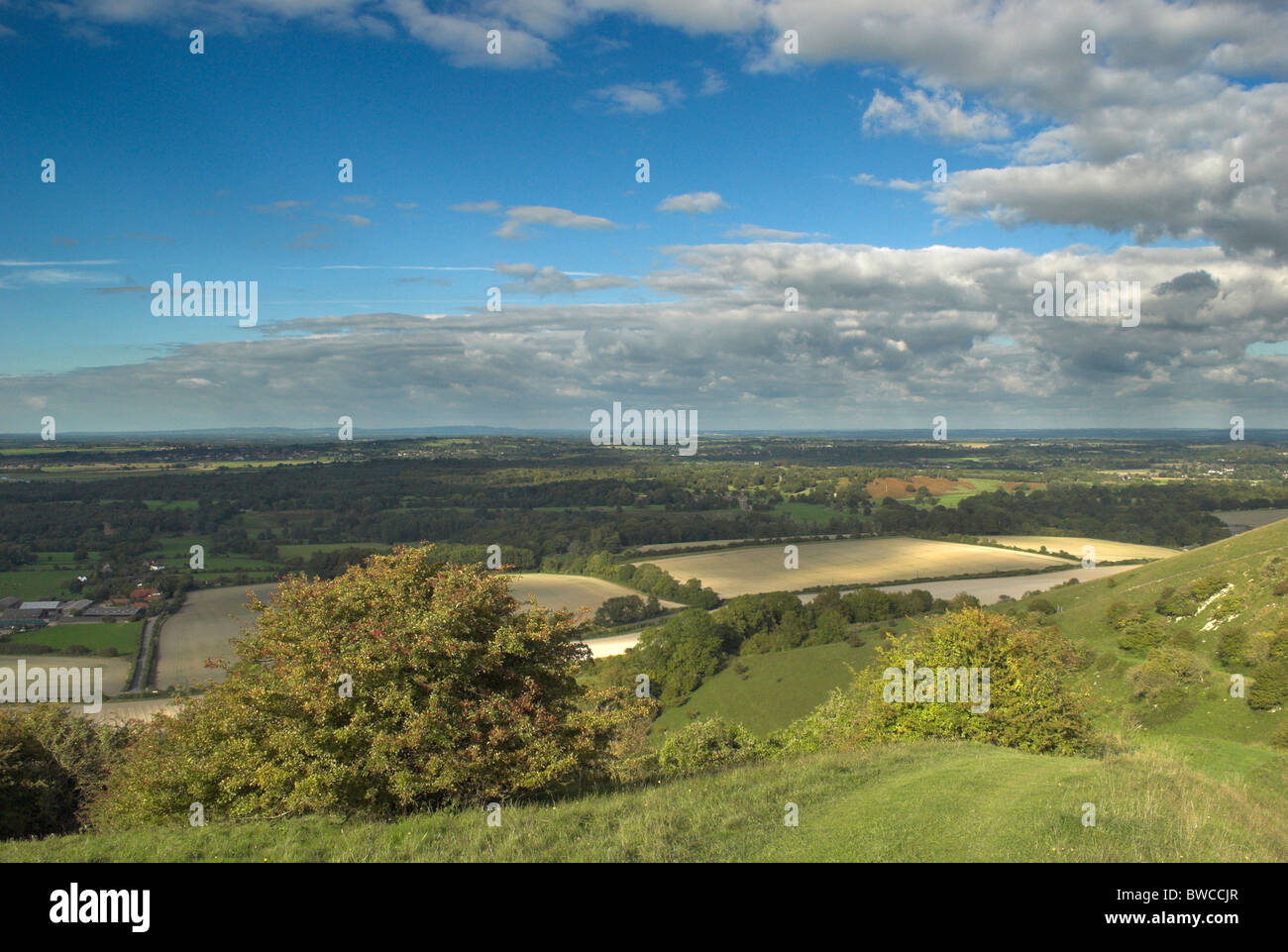 Looking out over the Sussex Weald from Rackham Hill in the South Downs ...
