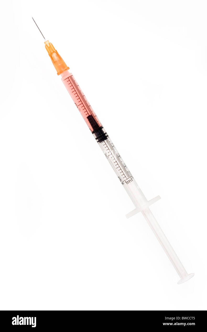 Photo of medical syringe filled with antidote drug isolated over white ...