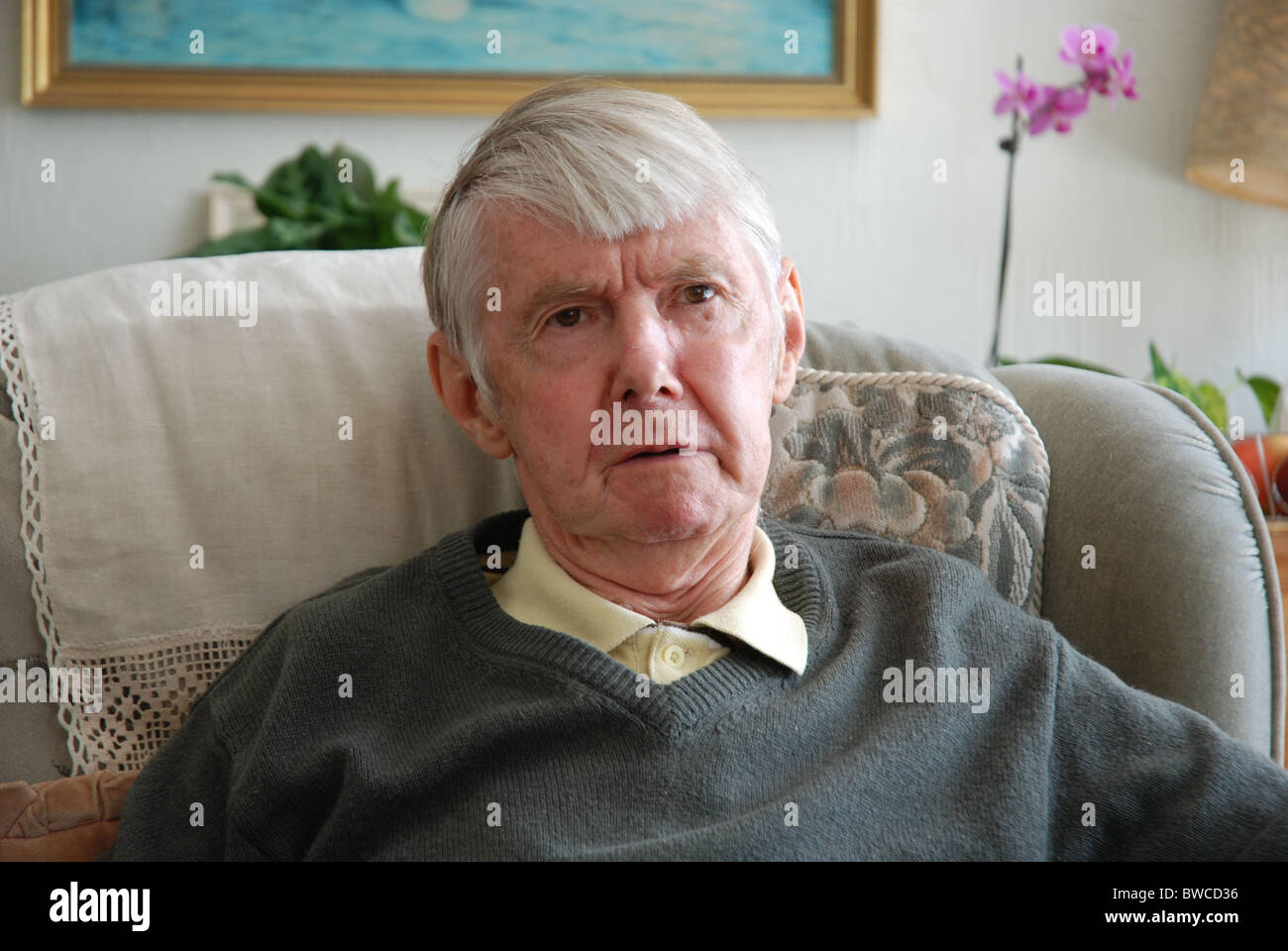 OAP man sitting in a chair in his living room Stock Photo - Alamy