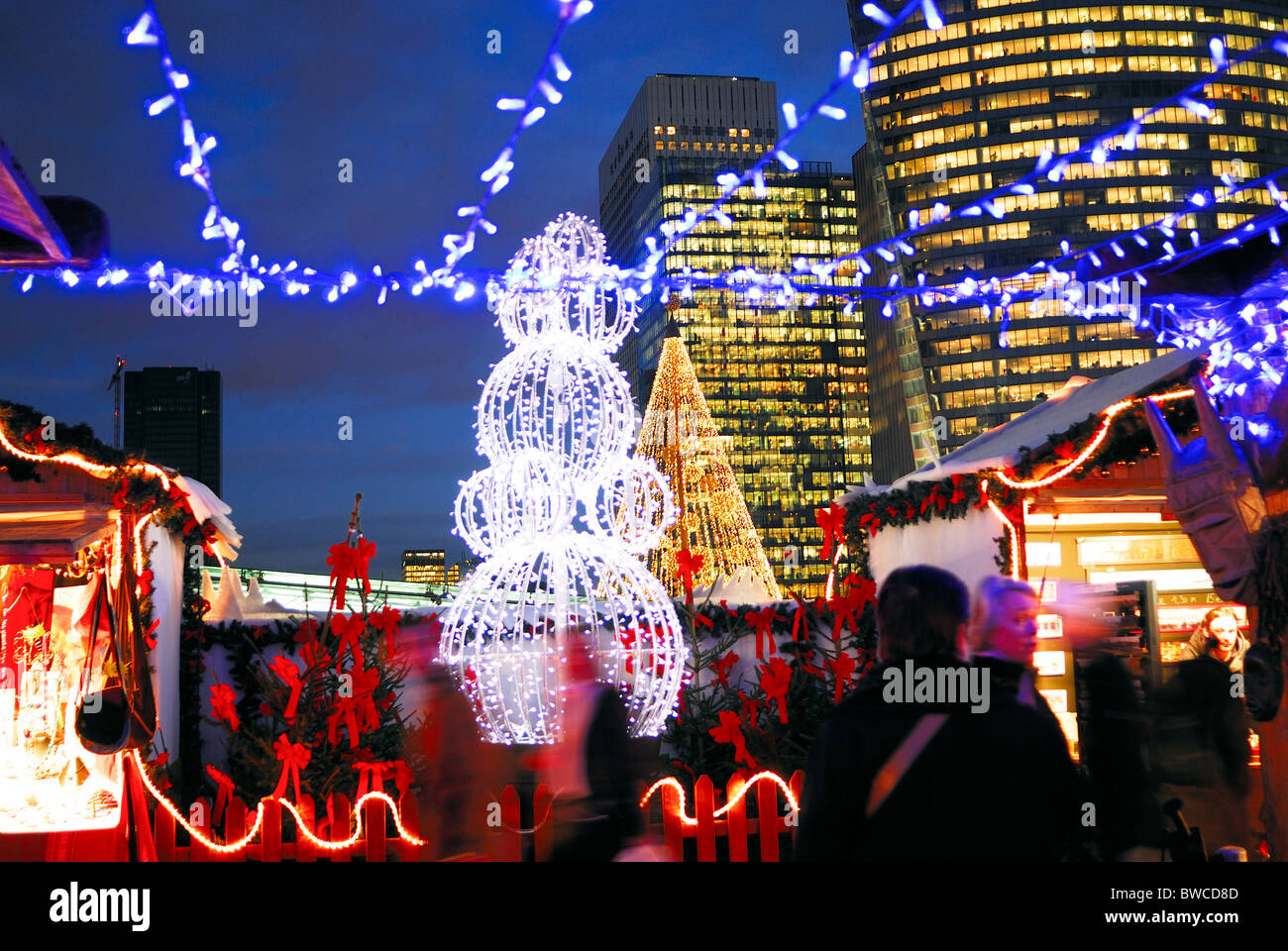 Paris, France,people Shopping in Christmas Market at Night, La Défense ...