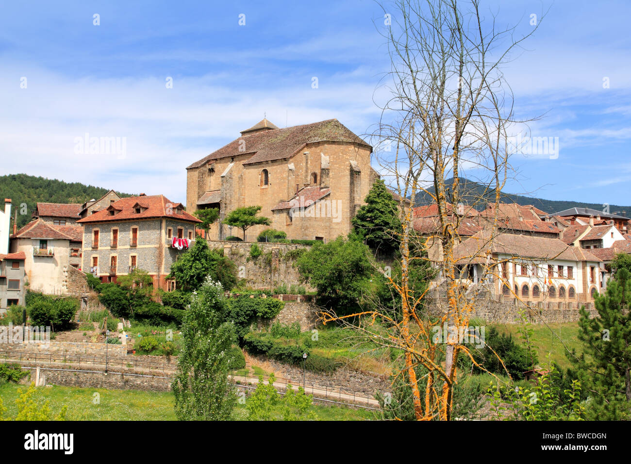 Hecho village Pyrenees with Romanesque church cathedral in Aragon Spain ...