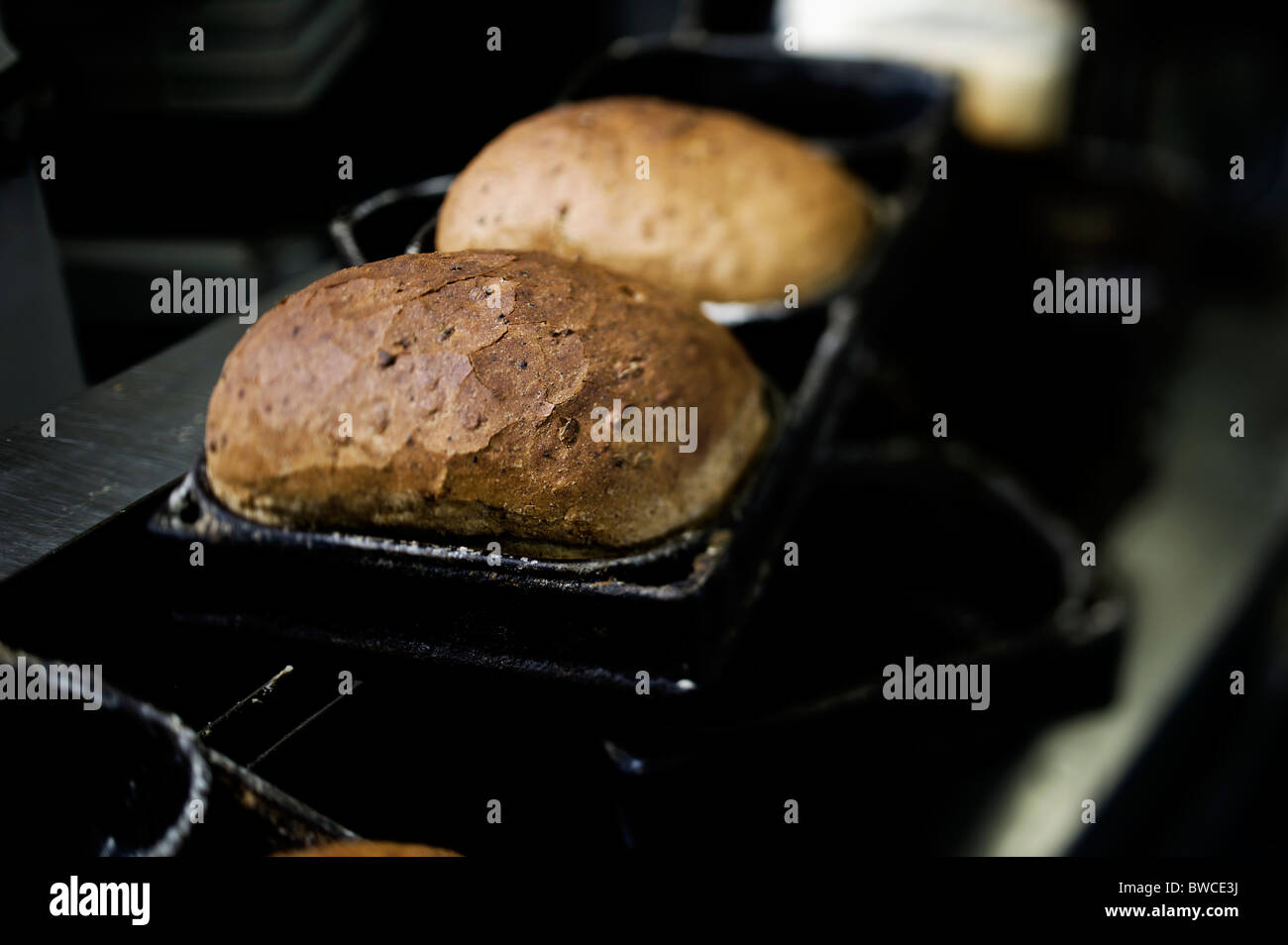 Traditional bakery rustic granary loaves in tin Stock Photo - Alamy