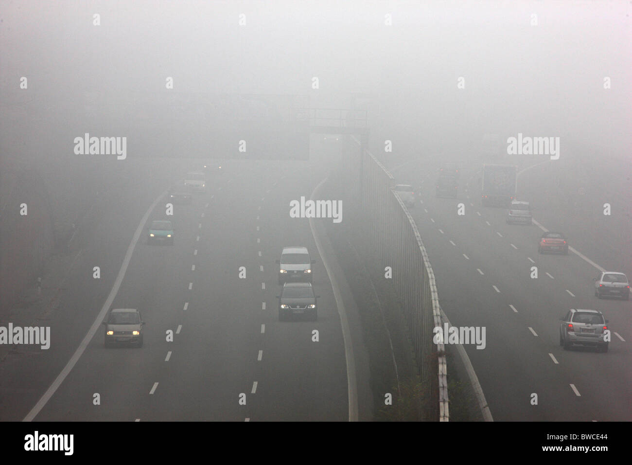 Autumn, thick fog, low visibility on a highway, autobahn. Essen ...