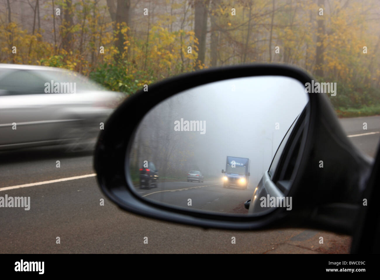Autumn, thick fog, low visibility on a road. Essen, Germany Stock Photo ...