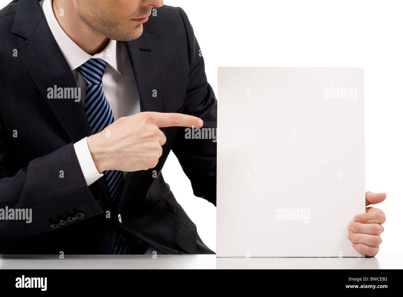 Image of human hand pointing blank paper while advertising something ...