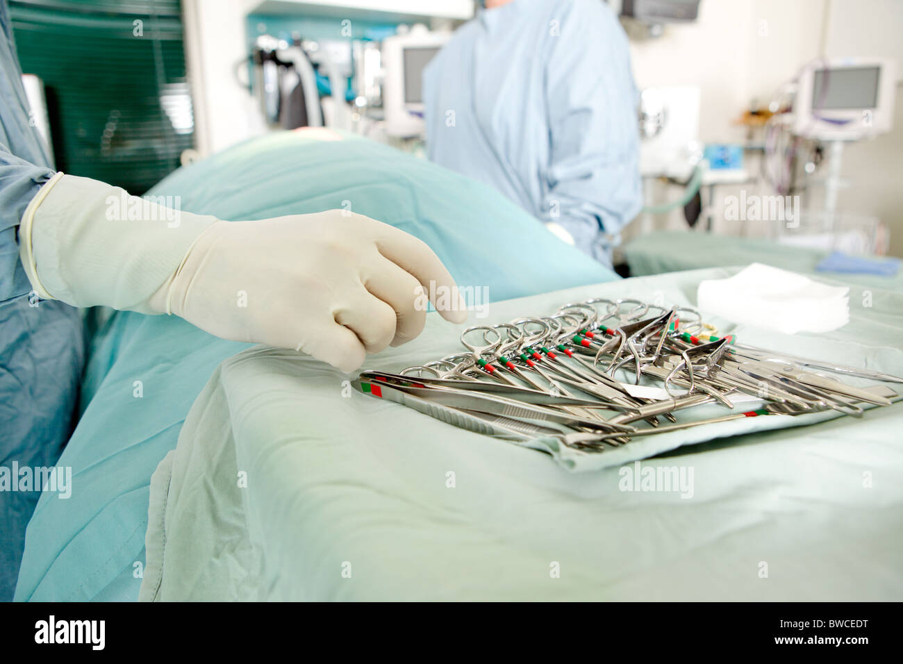 A detail image of sterile surgery instruments in an operation room ...