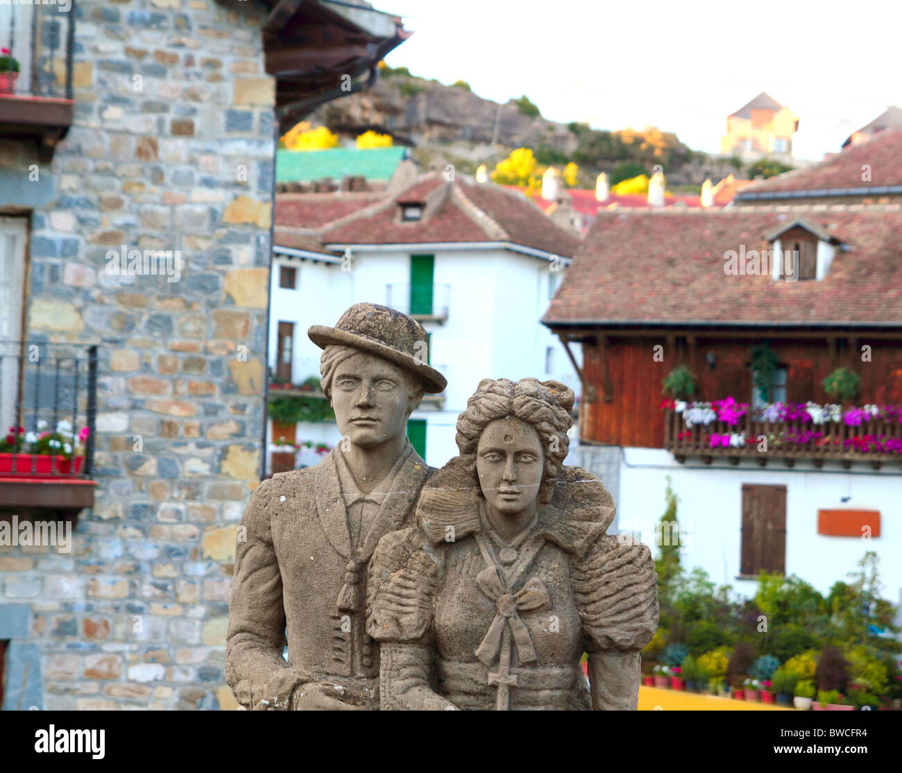 Cheso traditional costume statue in Hecho Pyrenees Spain Aragon Stock ...
