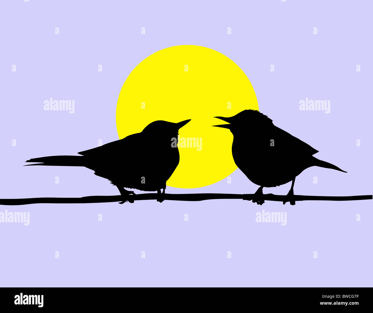 vector drawing two birds sitting on branch on background sun Stock ...