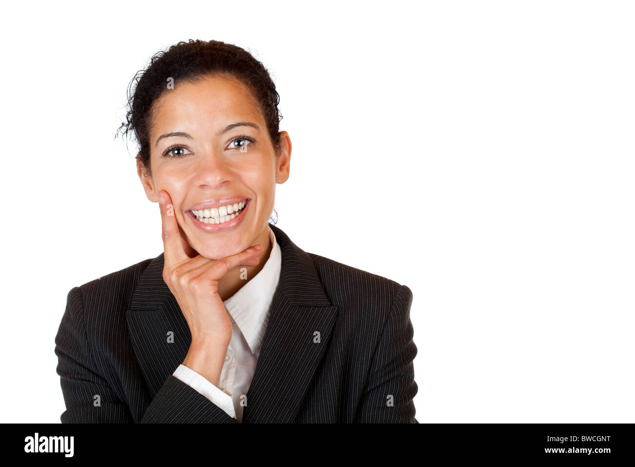Self confident business woman smiles happy into camera. Isolated on ...