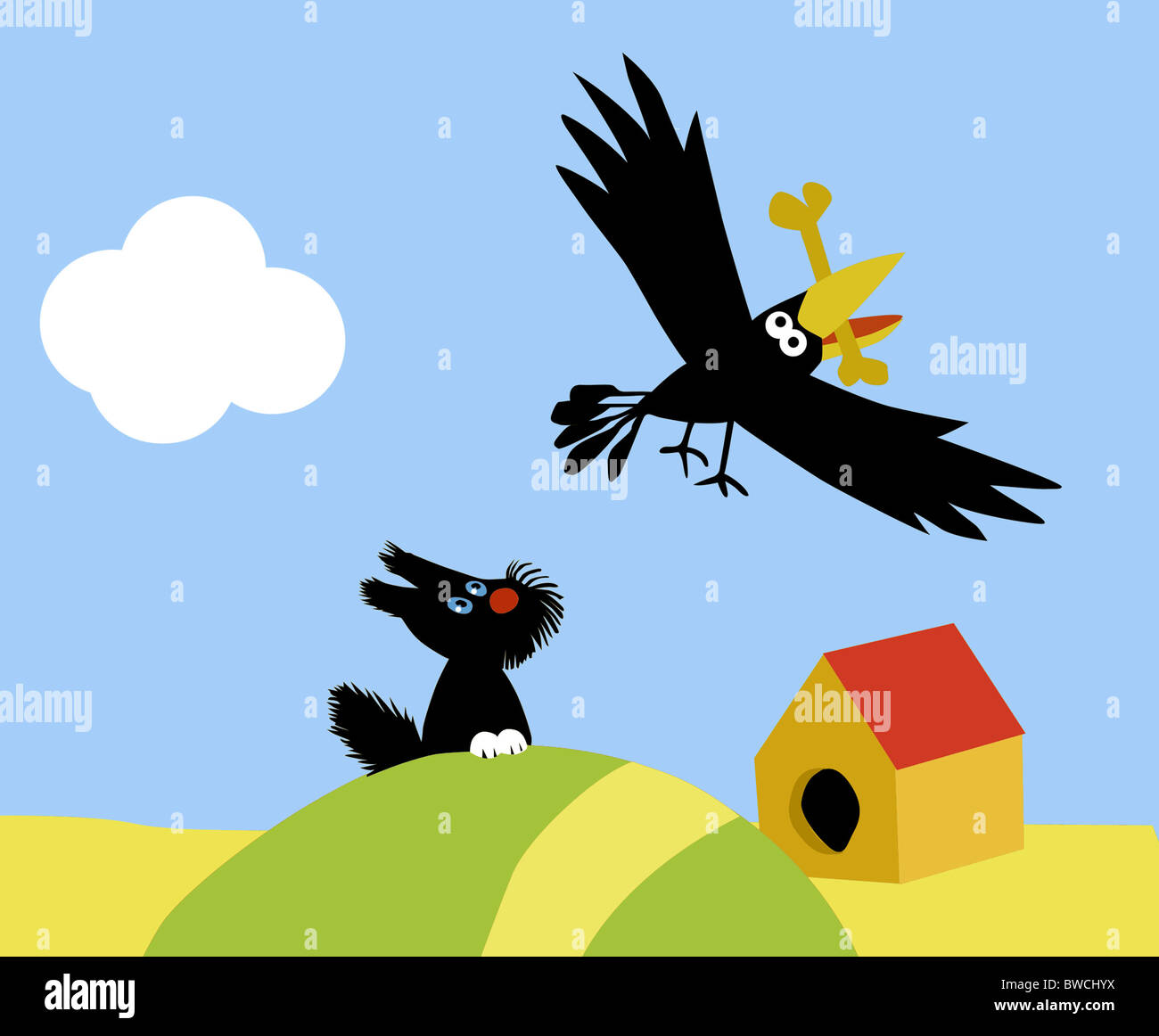 vector illustration of the small dog and crow Stock Photo - Alamy