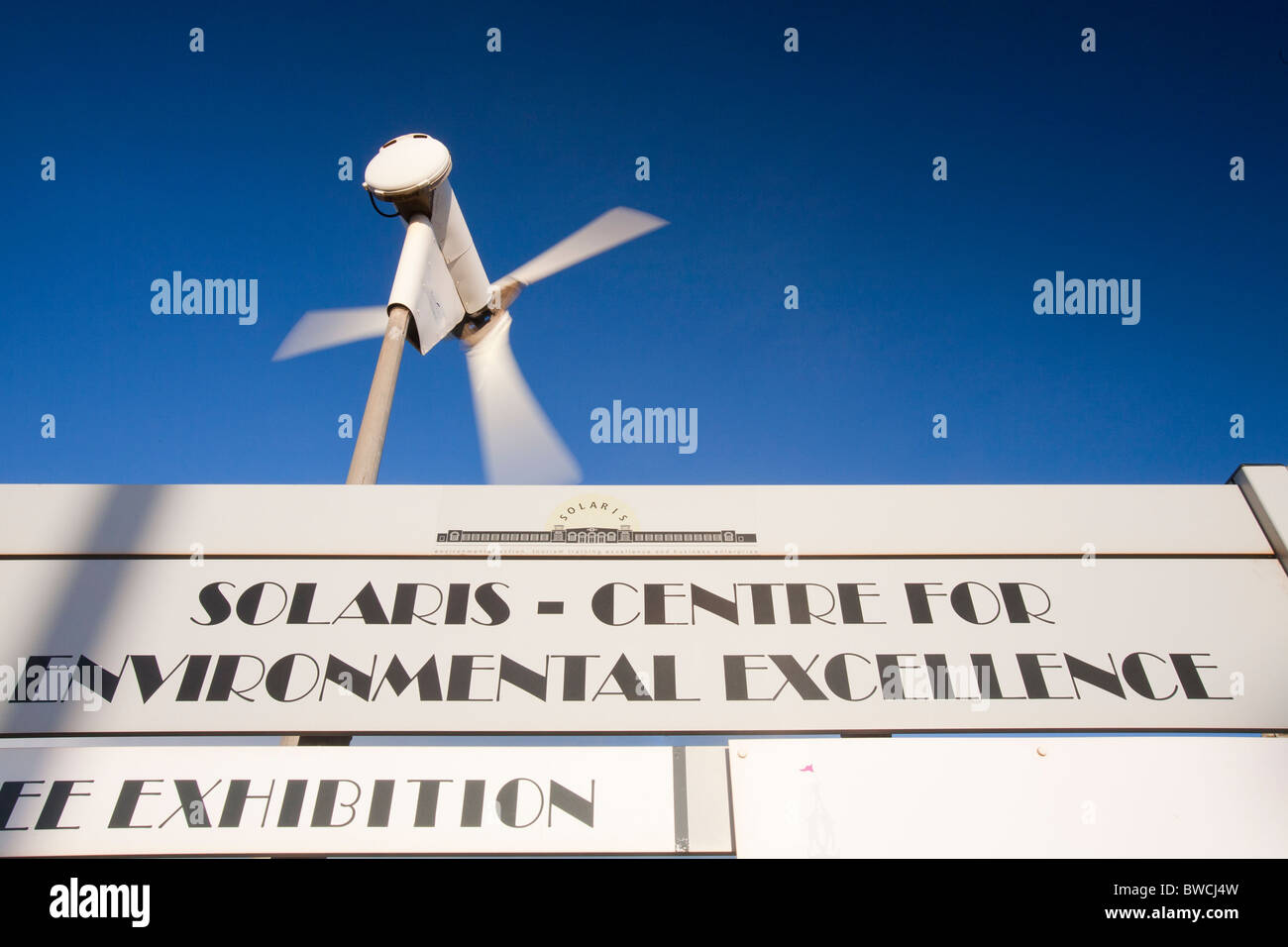 A wind turbine outside the Solaris Centre, a climate change exhibition ...