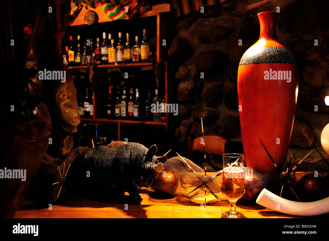 Decoration of African style in a luxury game reserve bar. South Africa ...