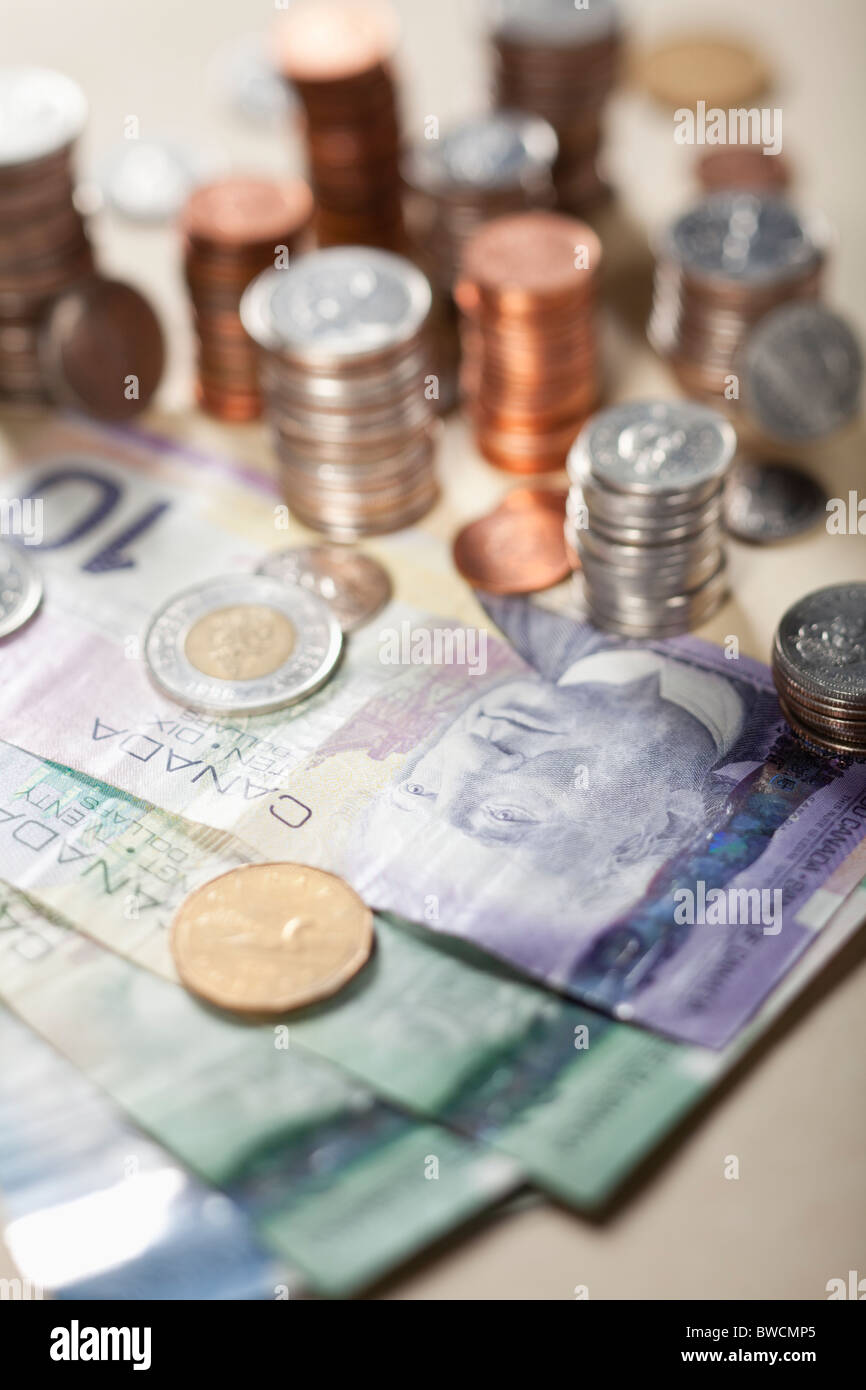 USA, Illinois, Metamora, Studio shot of Canadian banknotes and stacks ...