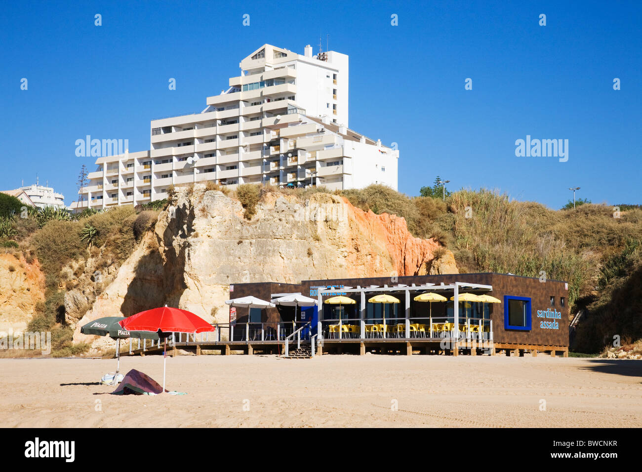 A beach cafe and restaurant on "Praia da Rocha" beach, Algarve ...