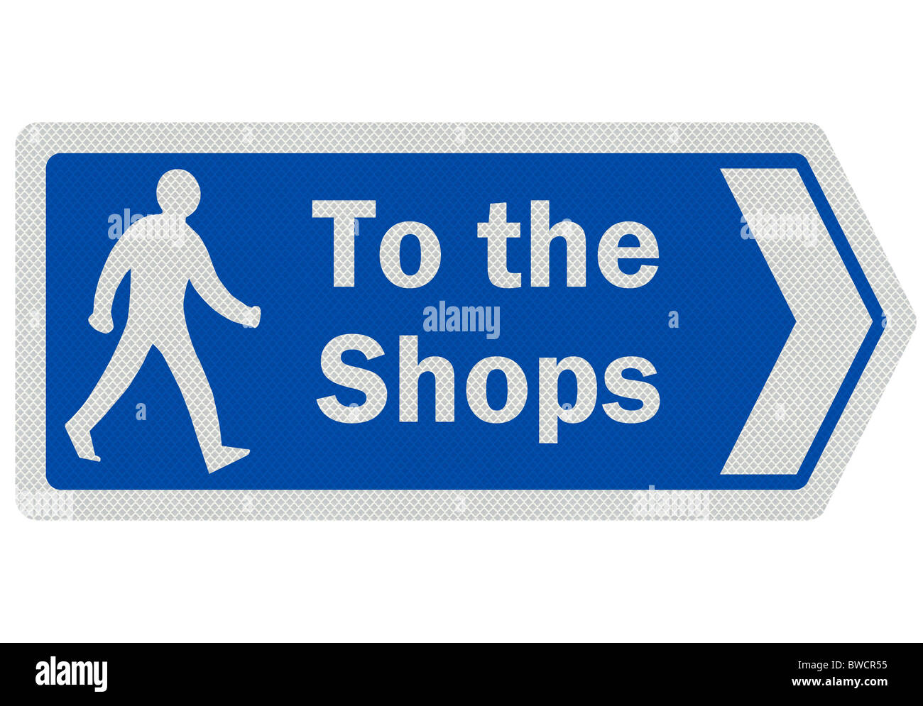 Photo realistic metallic reflective 'to the shops' road sign, isolated ...
