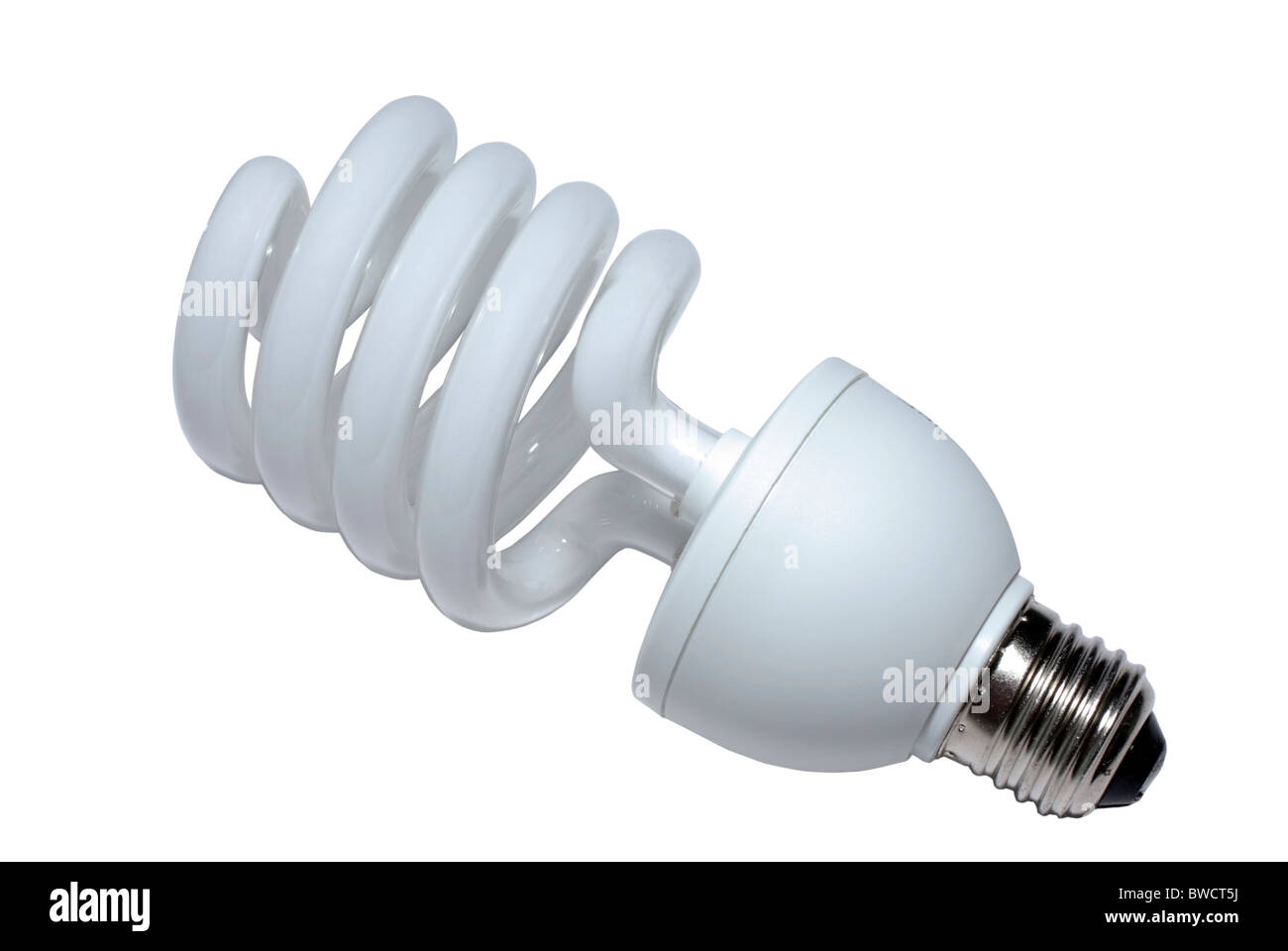 Close up of fluorescent spiral lightblulb. Isolated on white with ...