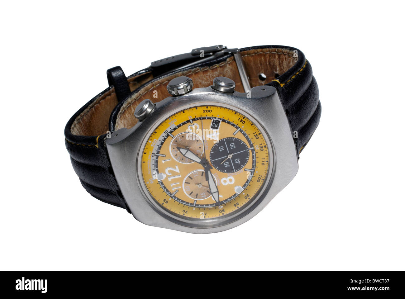 Modern yellow watch with black leather isolated on white background ...