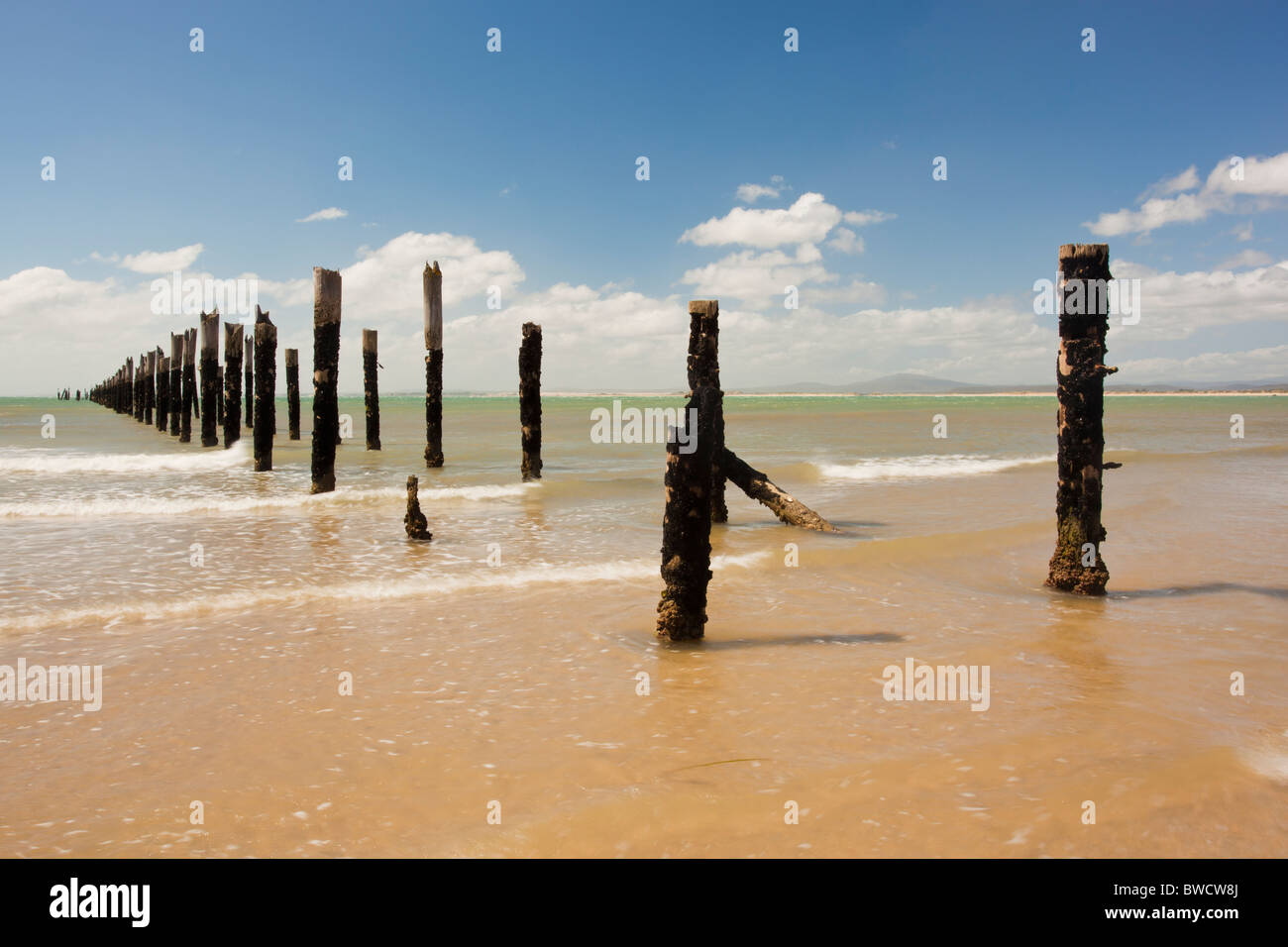 Destroyed by fire in 1928, the jetty at Bridport in northern Tasmania ...