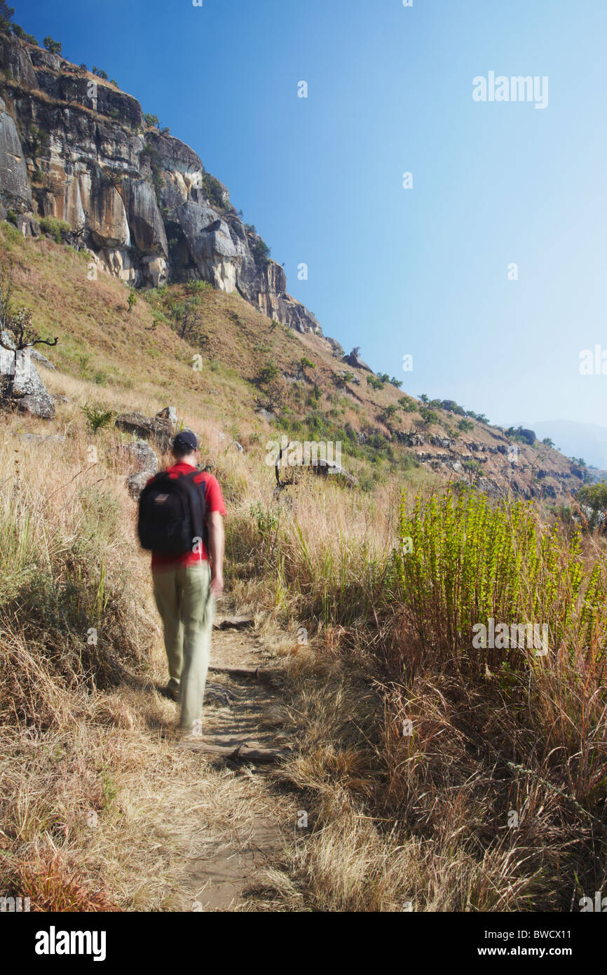 Man hiking in Monk's Cowl Nature Reserve, Ukhahlamba-Drakensberg Park ...
