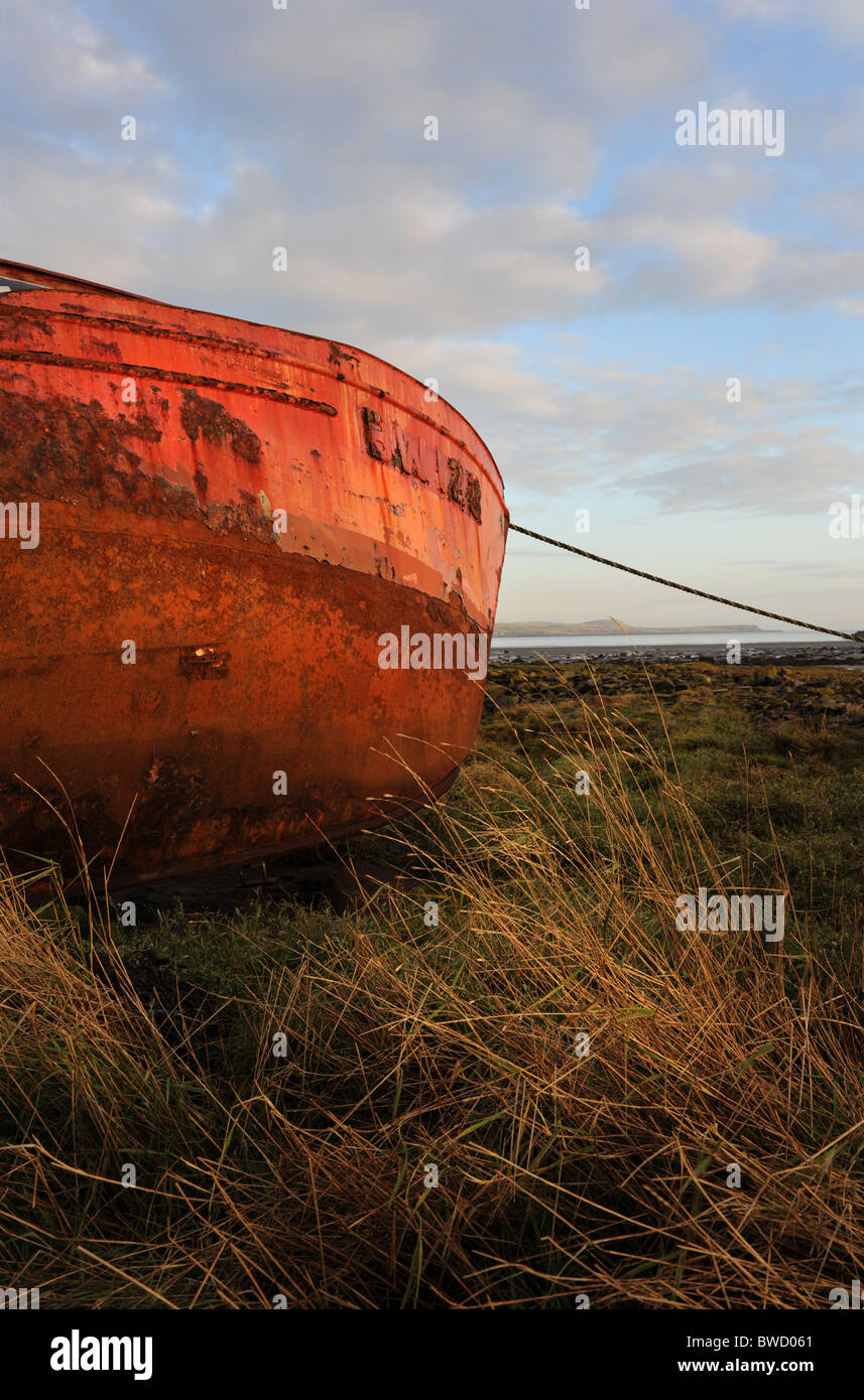 Abandoned red fishing boat above the tide, Ross Bay, Kirkcudbright, SW ...
