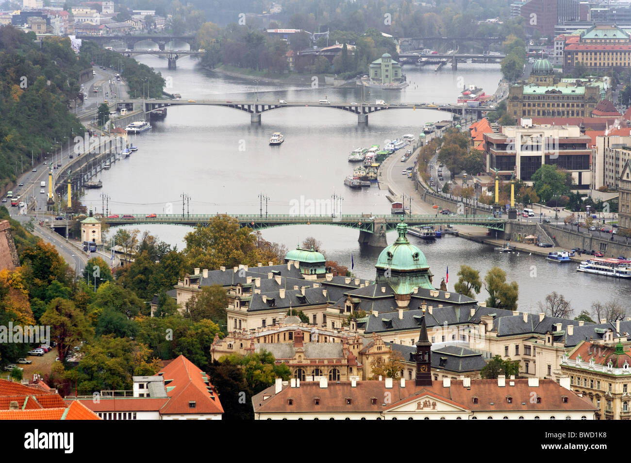 Vltava River from Prague castle showing bridges boats and buildings ...