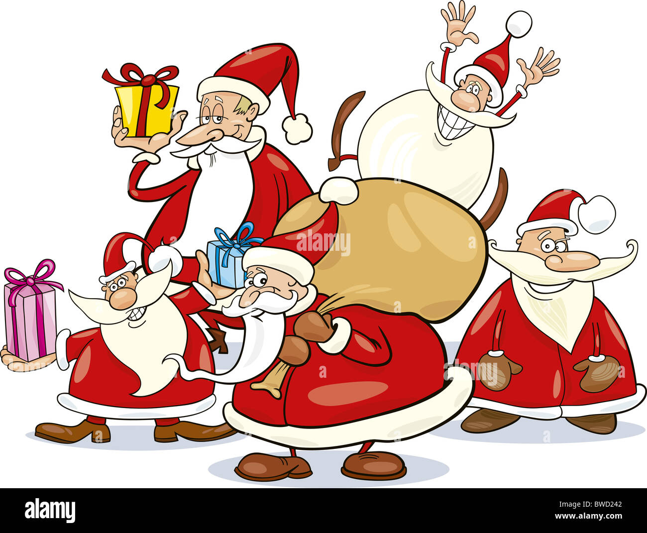 illustration of five santa clauses group Stock Photo - Alamy