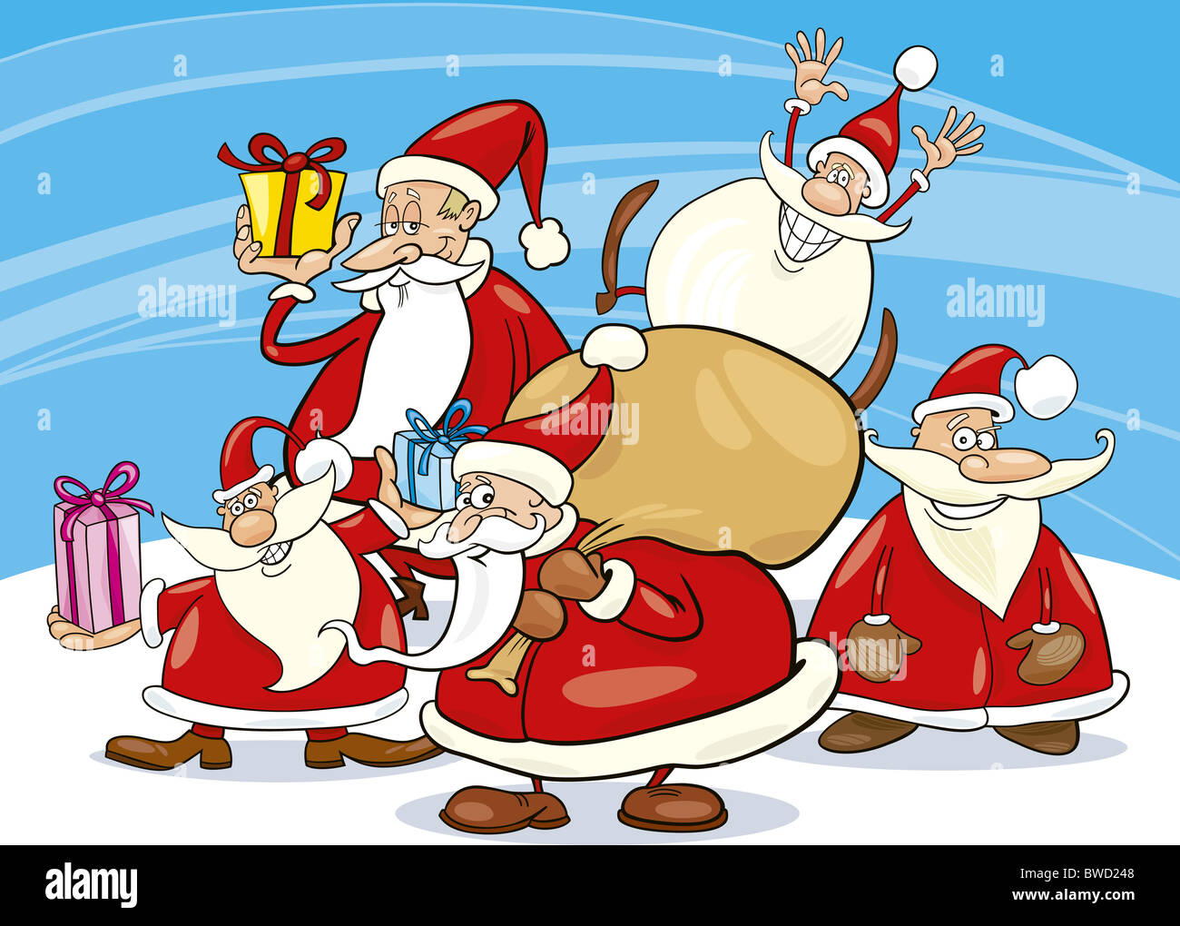 illustration of five santa clauses group Stock Photo - Alamy