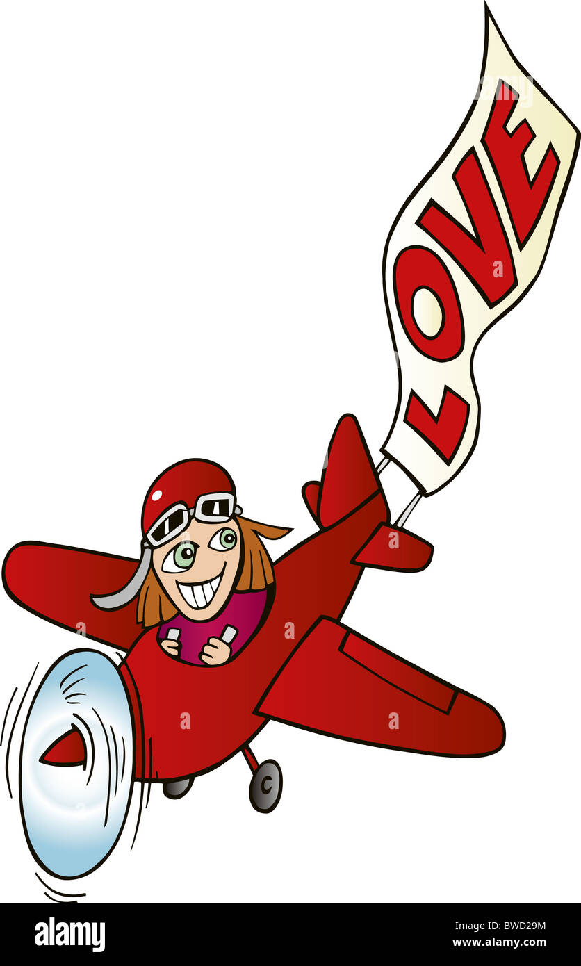 Illustration of girl flying in small red airplane with love sign Stock ...