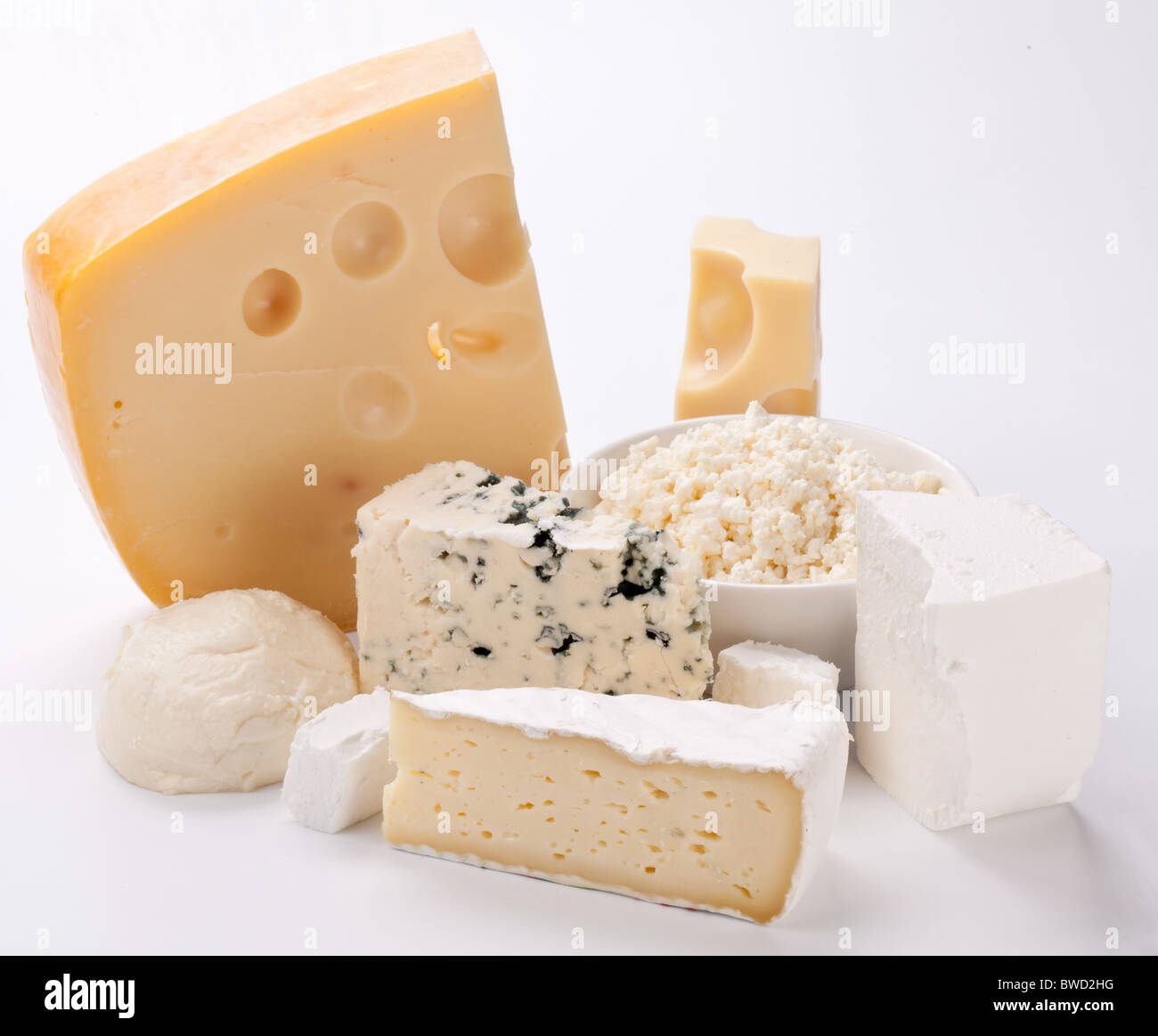 Various types of cheeses on a white background Stock Photo - Alamy