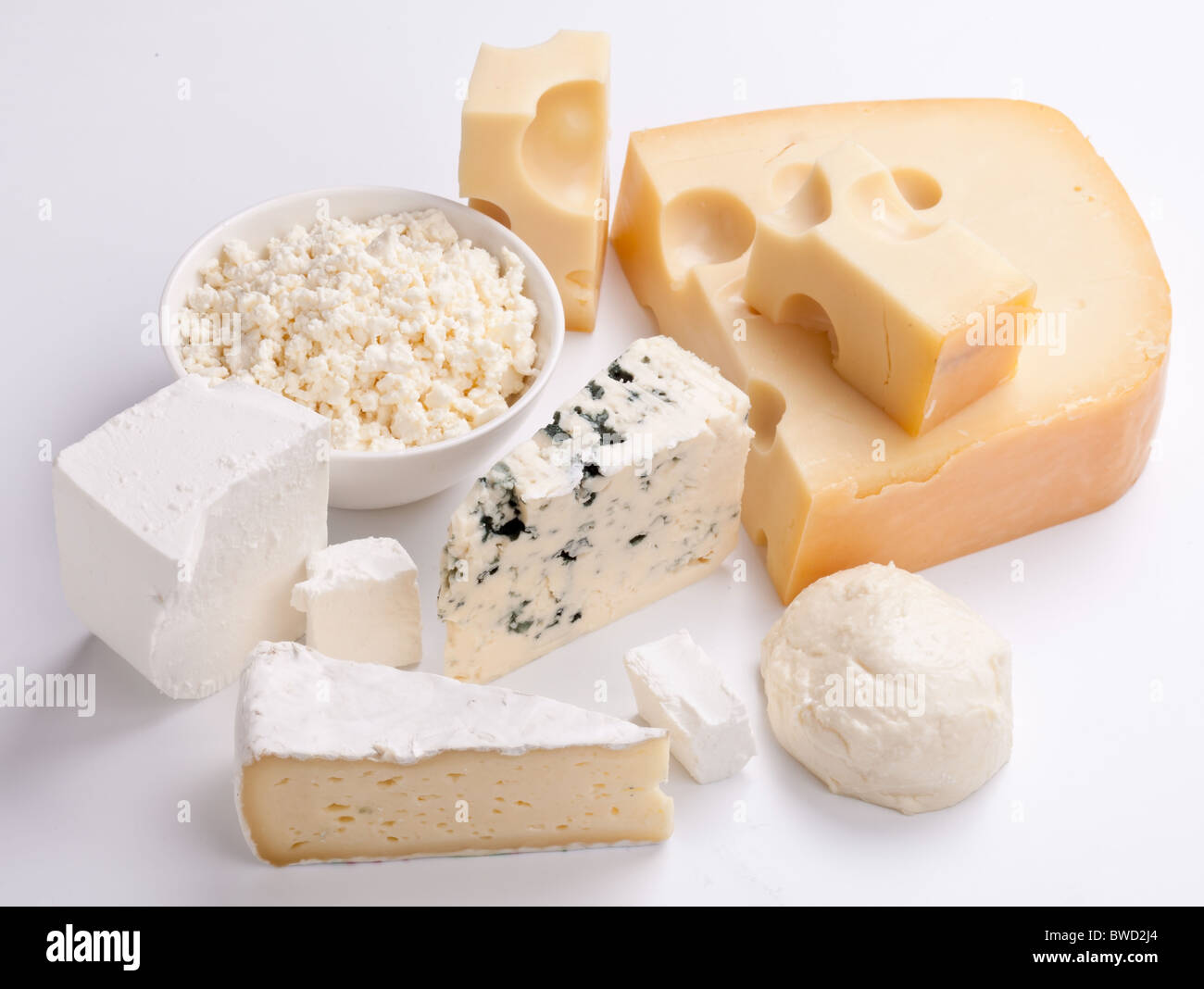 Various types of cheeses on a white background Stock Photo - Alamy
