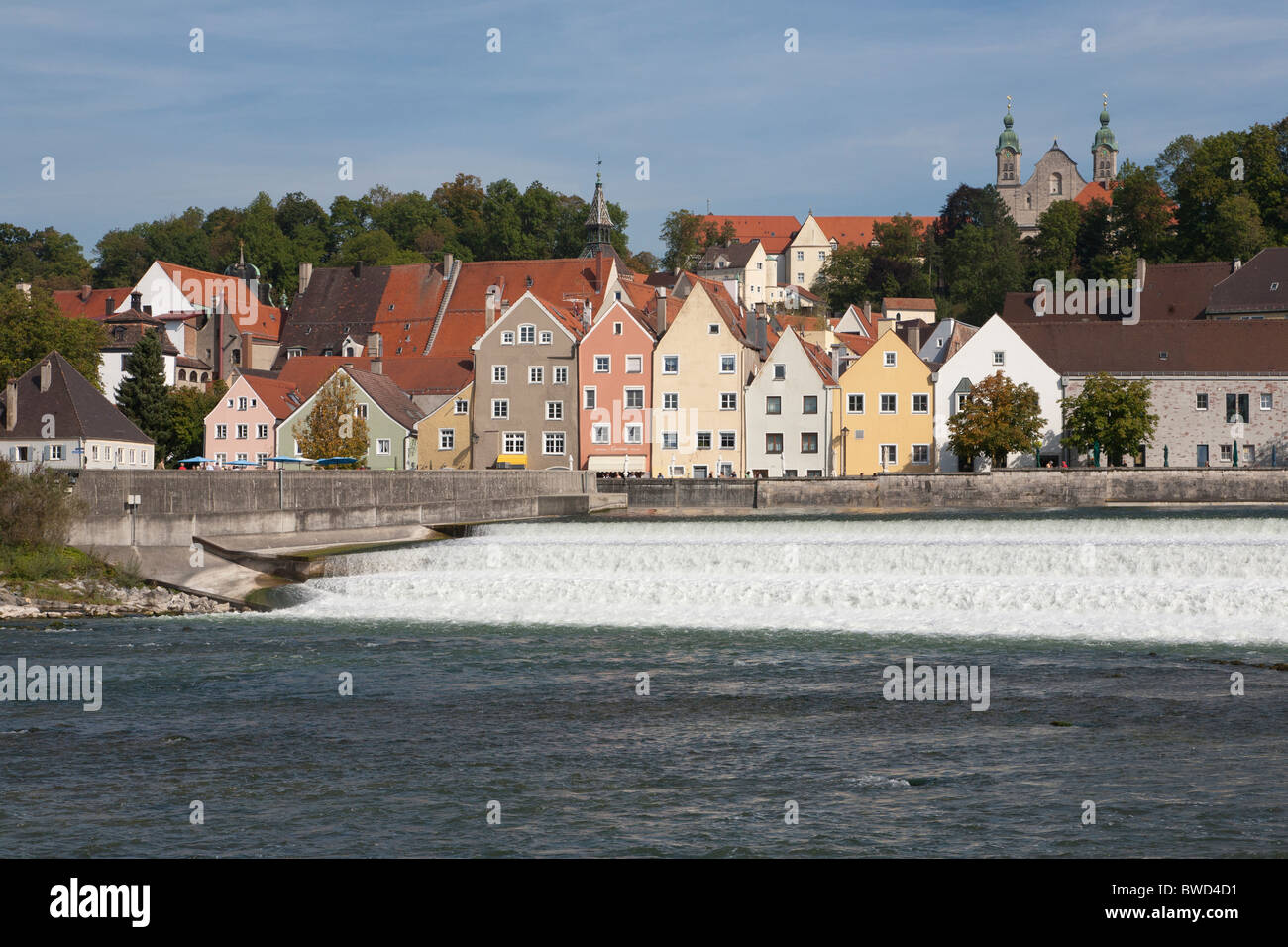 RIVER LECH, LECHWEHR WEIR, CITYSCAPE, LANDSBERG AM LECH, BAVARIA ...