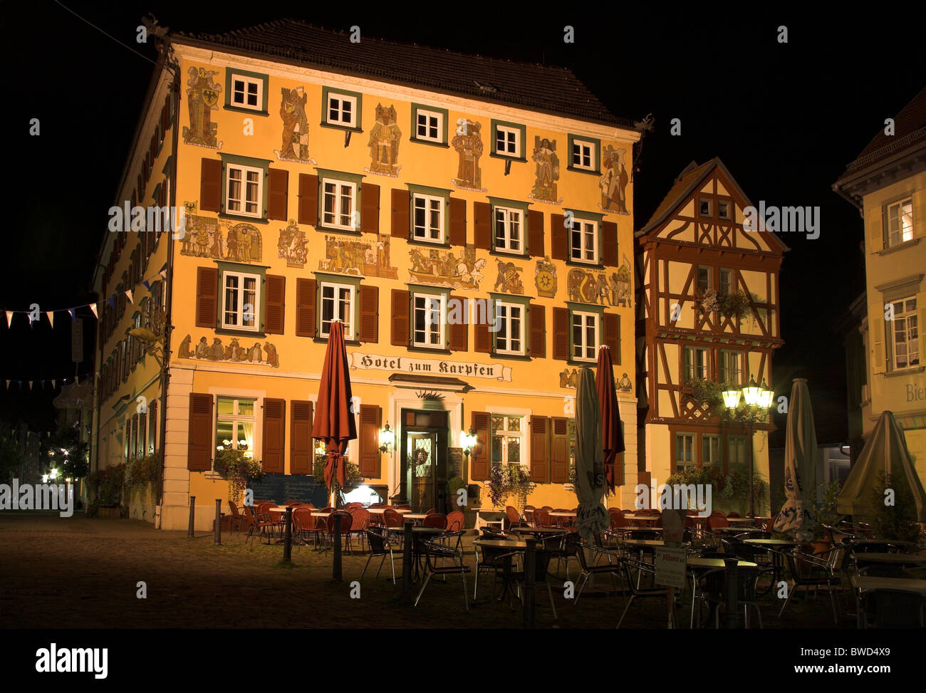 Hotel Karpfen, Eberbach at night, Baden-Wurttemberg, Germany Stock ...