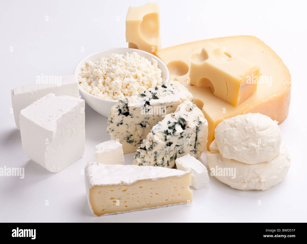 Various types of cheeses on a white background Stock Photo - Alamy
