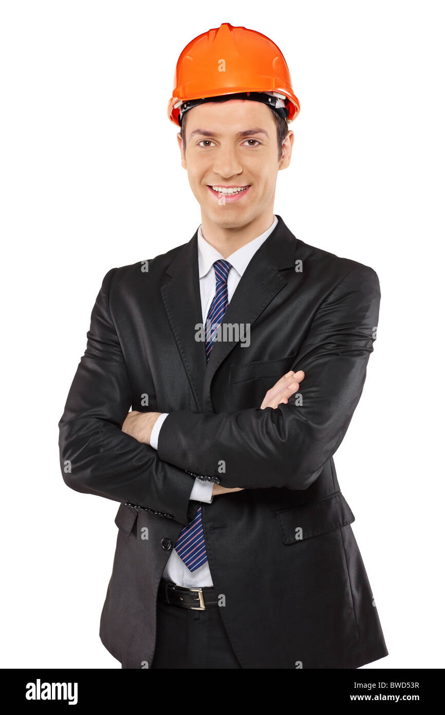 A view of a smiling foreman wearing helmet Stock Photo - Alamy
