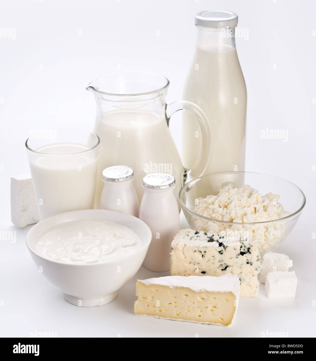 Different milk products. On a white background Stock Photo - Alamy