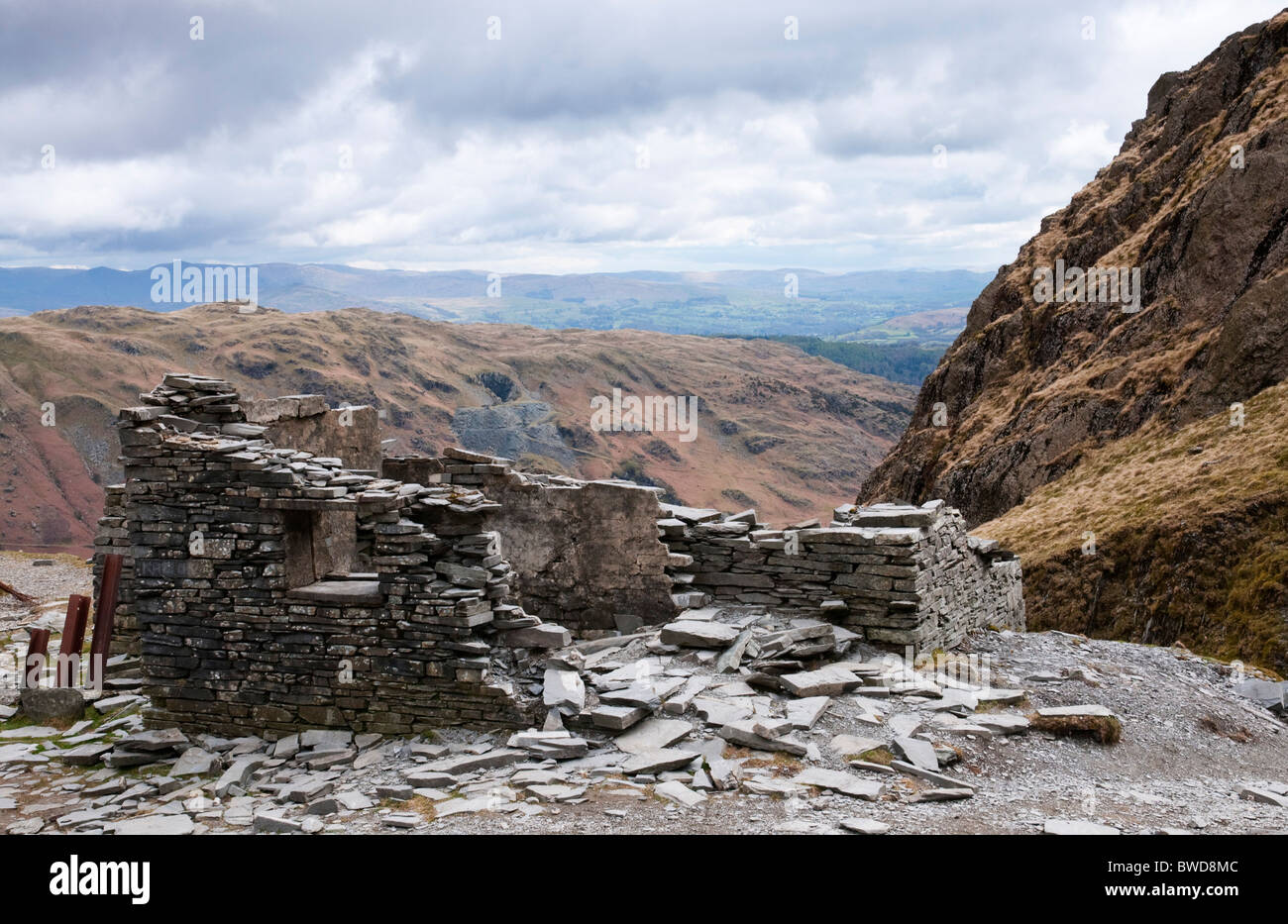 Disused mine buildings at slate mine, Coniston Old Man, Lake District ...