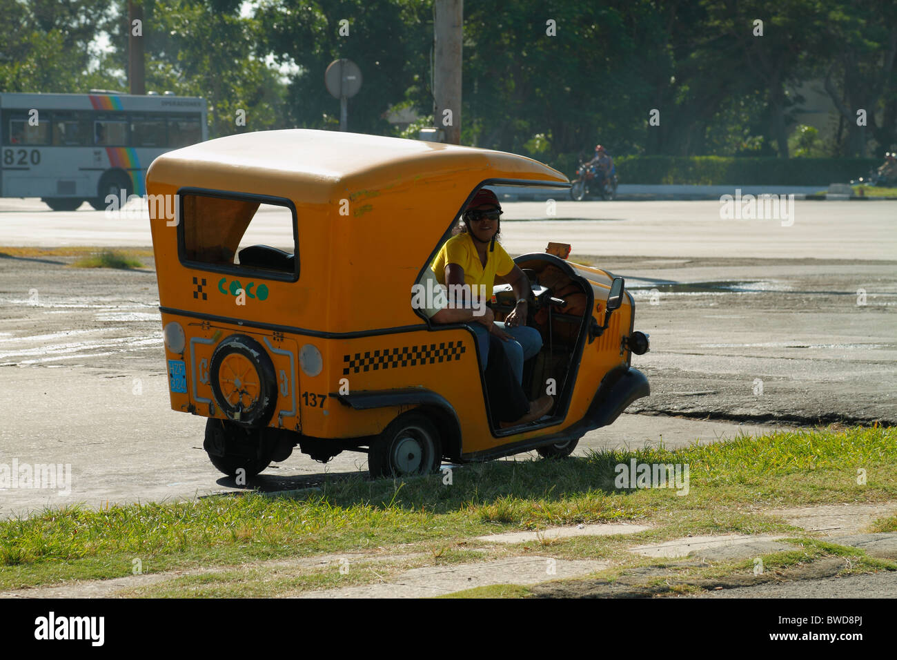 Cuban Coco Buggy Yellow Cab Taxi on the street, Havana, Cuba, October ...