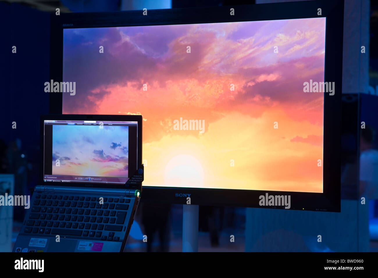 Widescreen big monitor and laptop, Sony modern multimedia system Stock ...