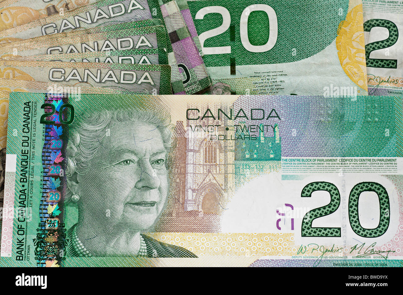 Canadian money: close up of $20 bills Stock Photo - Alamy