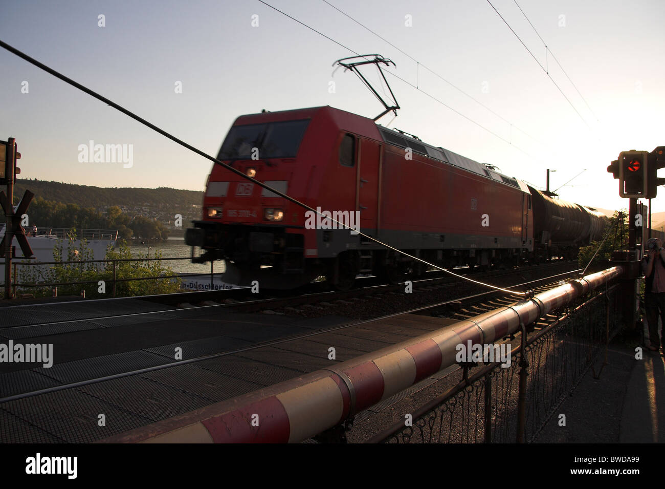 Level crossing, train, Rudesheim, Rhine River, Germany Stock Photo - Alamy