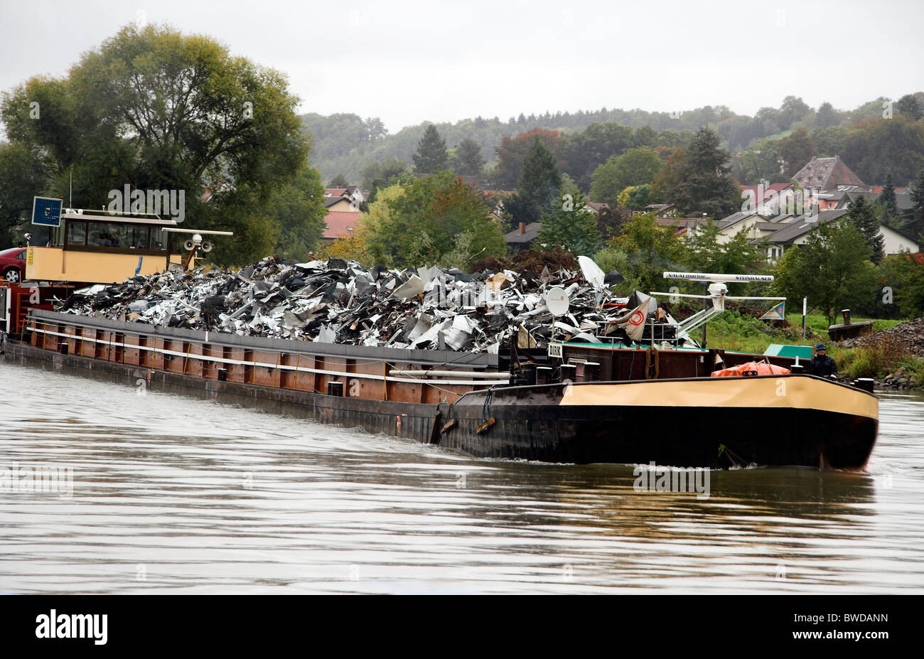 Barge transporting scrap metal on the Neckar River, Germany Stock Photo ...